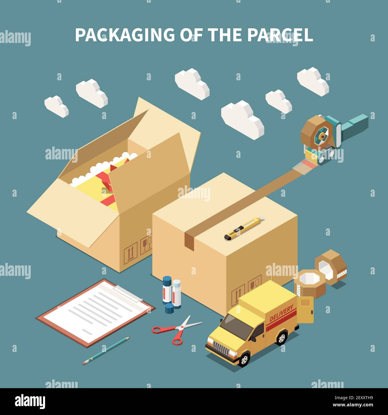 Cardboard boxes delivery car and tools for parcel packaging isometric ...