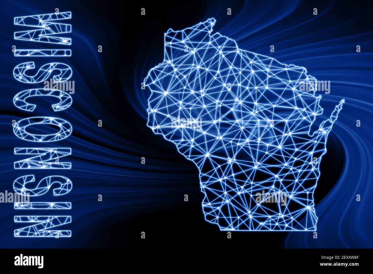 Map of Wisconsin, Polygonal mesh line map, blue map on dark background ...