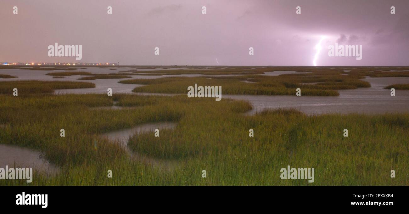 Electrical Storm Approaches lightning Strikes Galveston Texas West Bay ...
