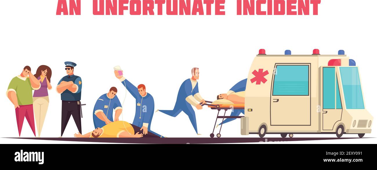 Flat colored ambulance composition with an unfortunate incident ...