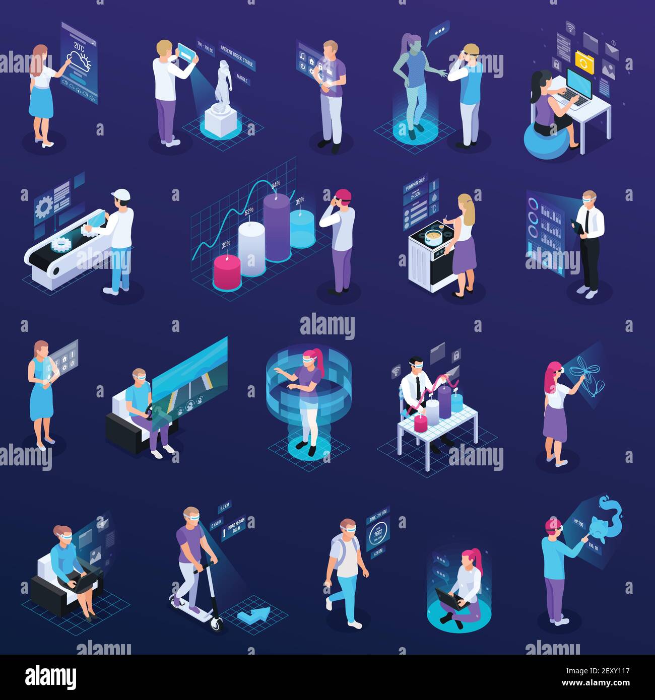 Virtual augmented reality 360 degree isometric icons set of isolated ...