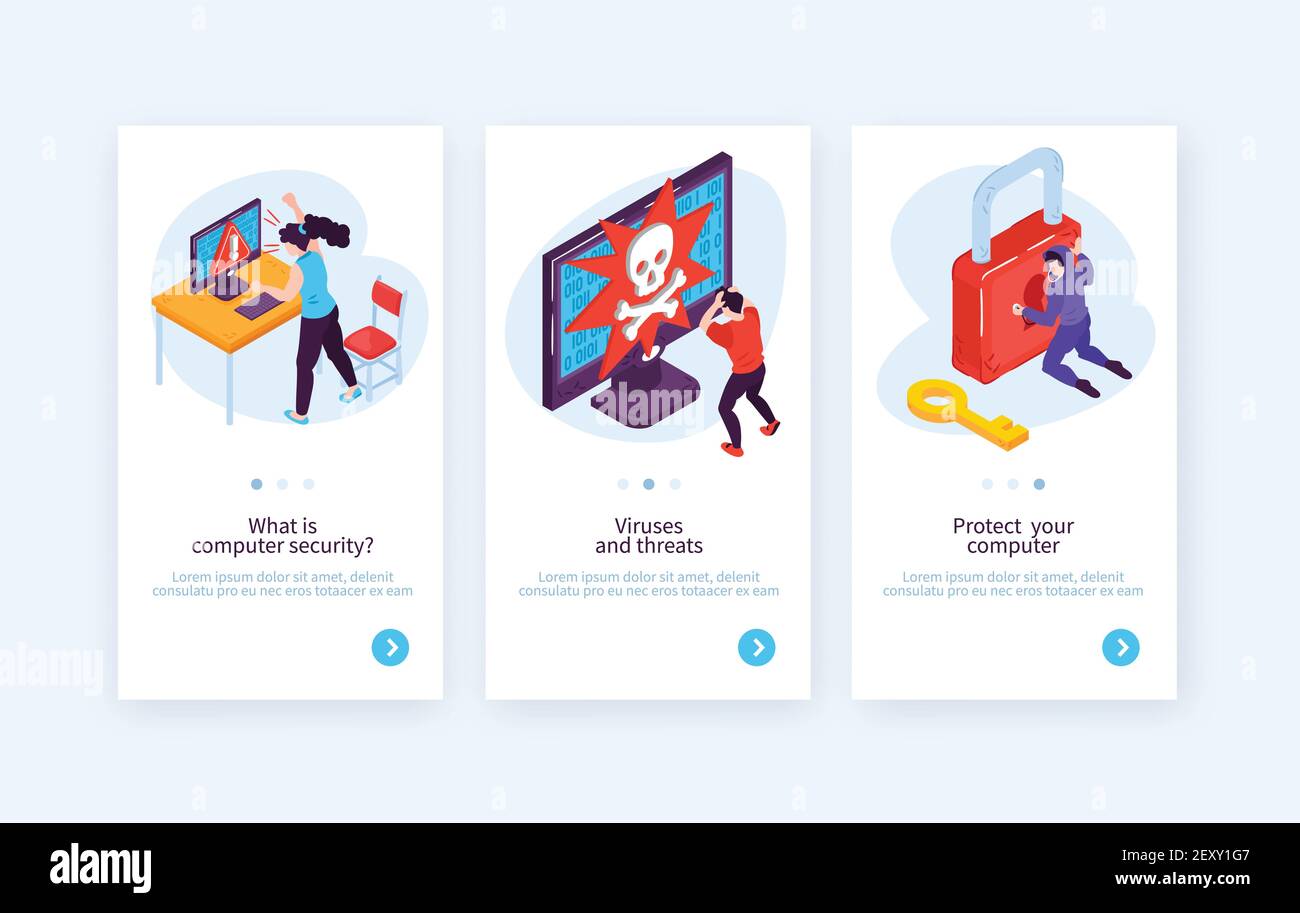 Set of three vertical isometric hacker banners with conceptual images ...