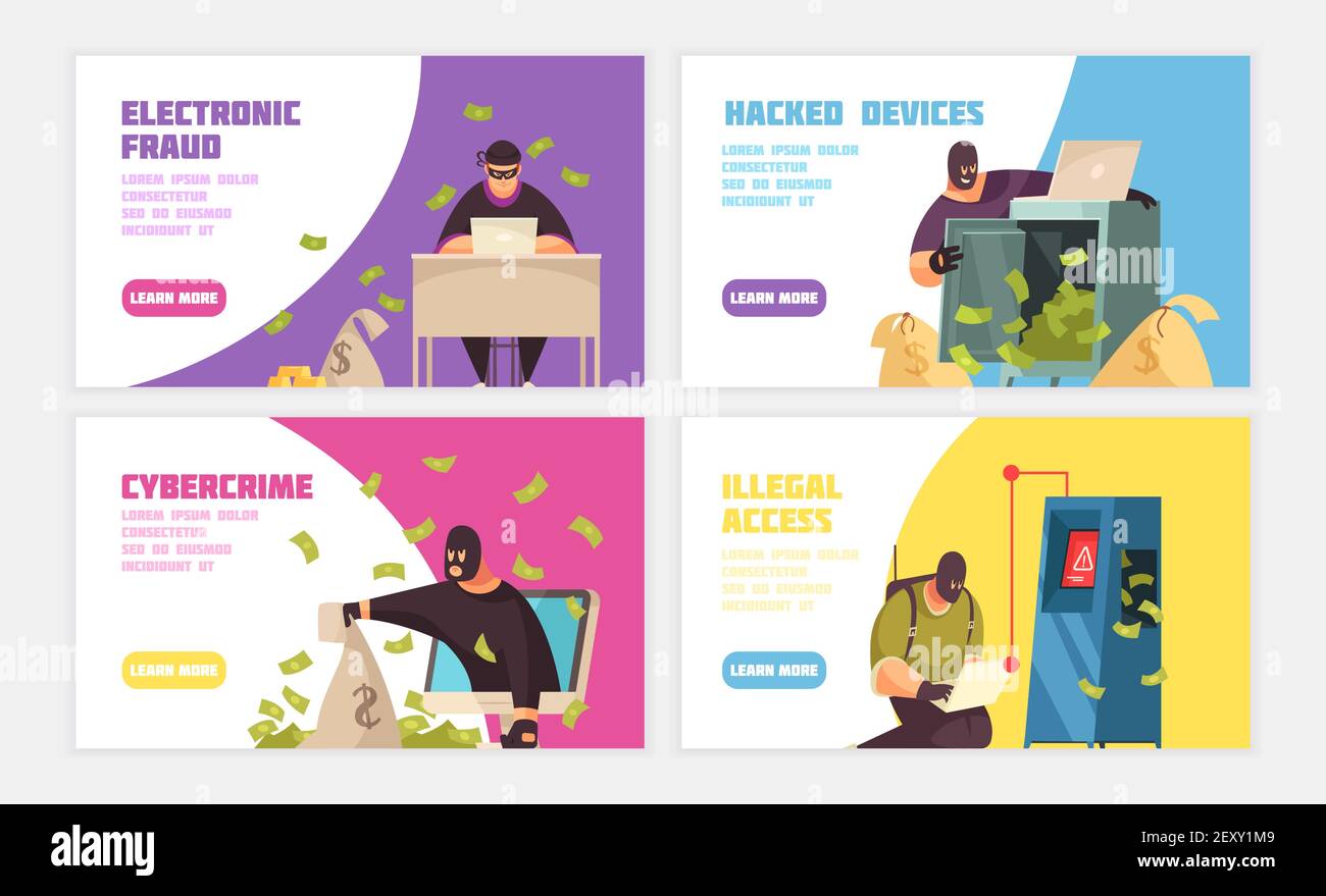 Three hacker horizontal banner set with electronic fraud hacked device ...