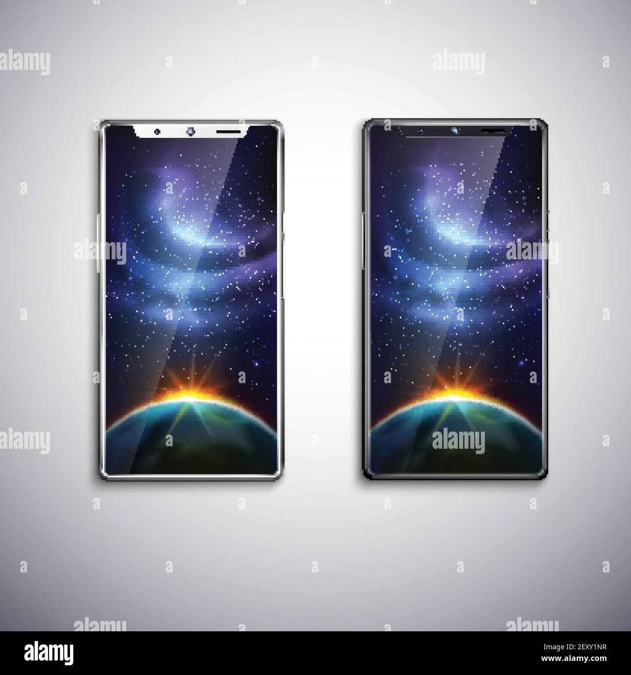 Two modern all screen smartphones with glossy space image against grey ...