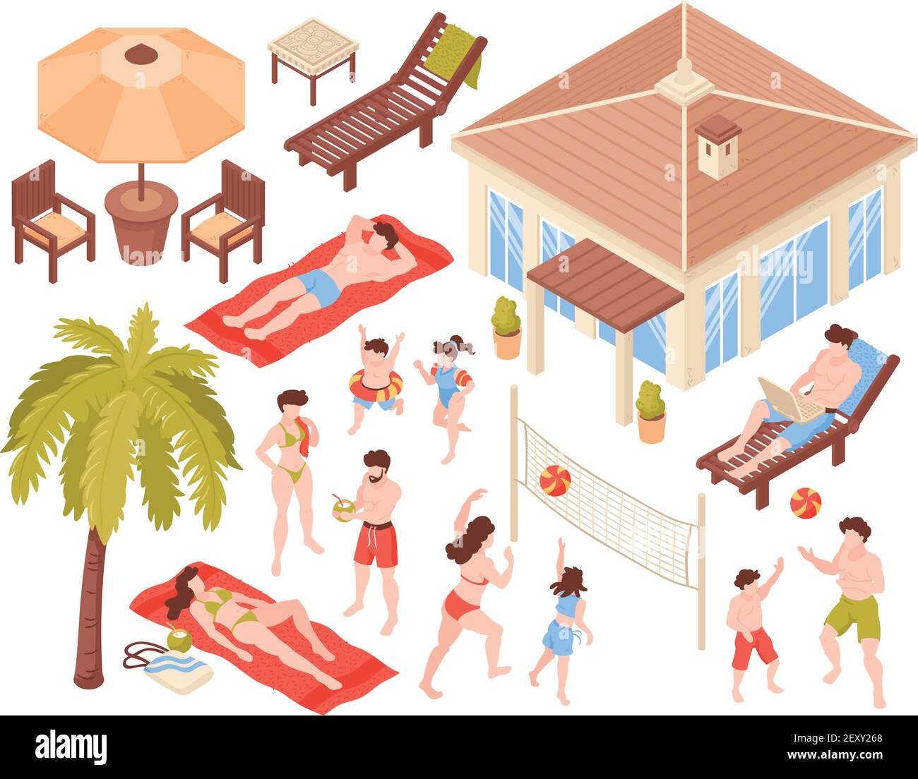 Isometric beach house tropic holidays people set with isolated human ...
