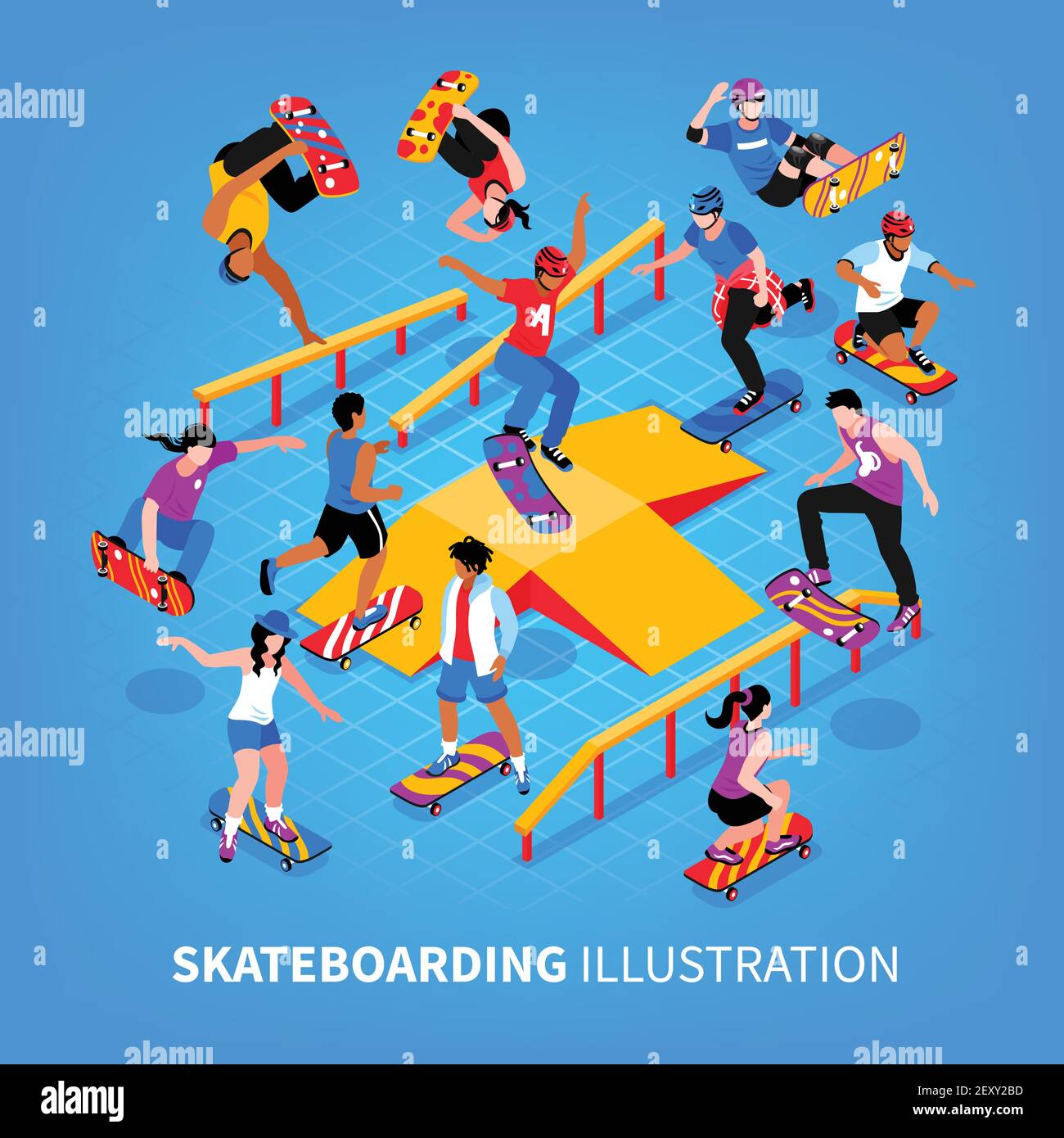 Isometric skateboard background with realistic human characters of ...