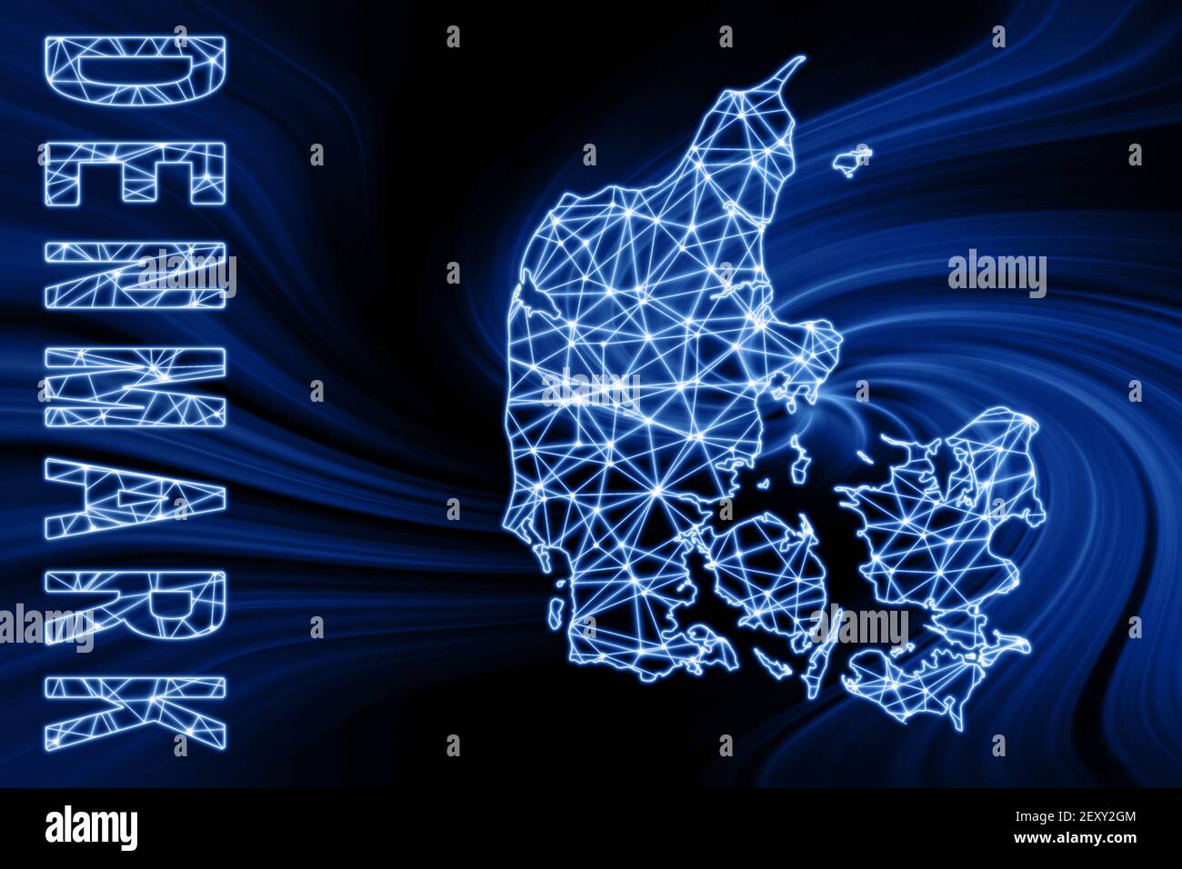 Map of Denmark, Polygonal mesh line map, blue map on dark background ...