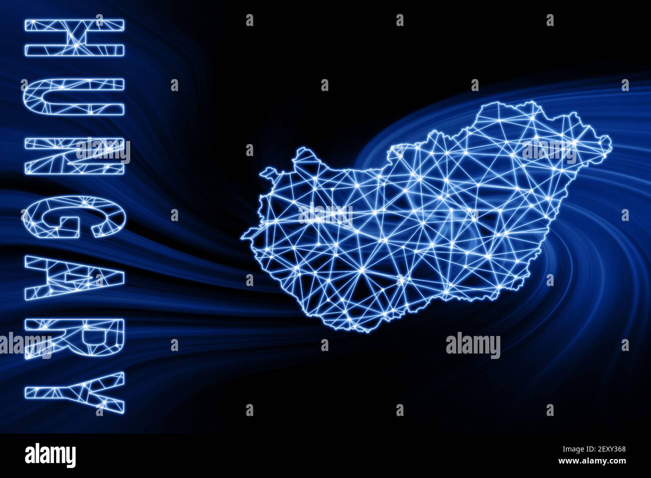 Map of Hungary, Polygonal mesh line map, blue map on dark background ...