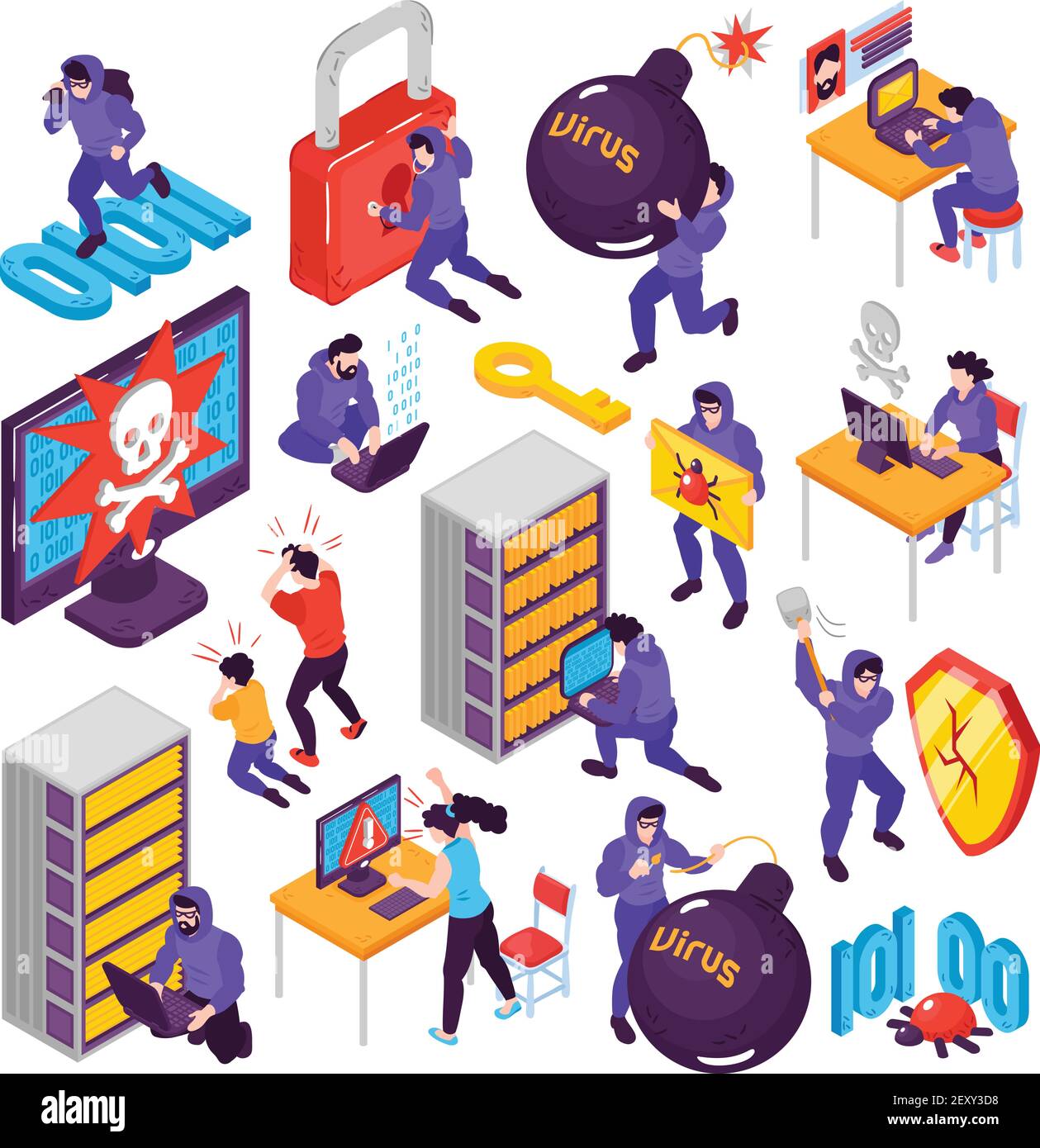 Isometric hacker set with isolated conceptual images with pictogram icons images of computer ...