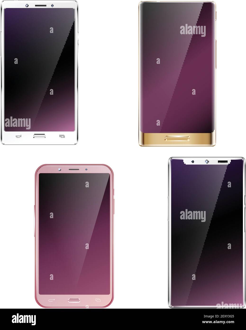 Smartphones realistic top view 4 closeup modern all screen glossy ...