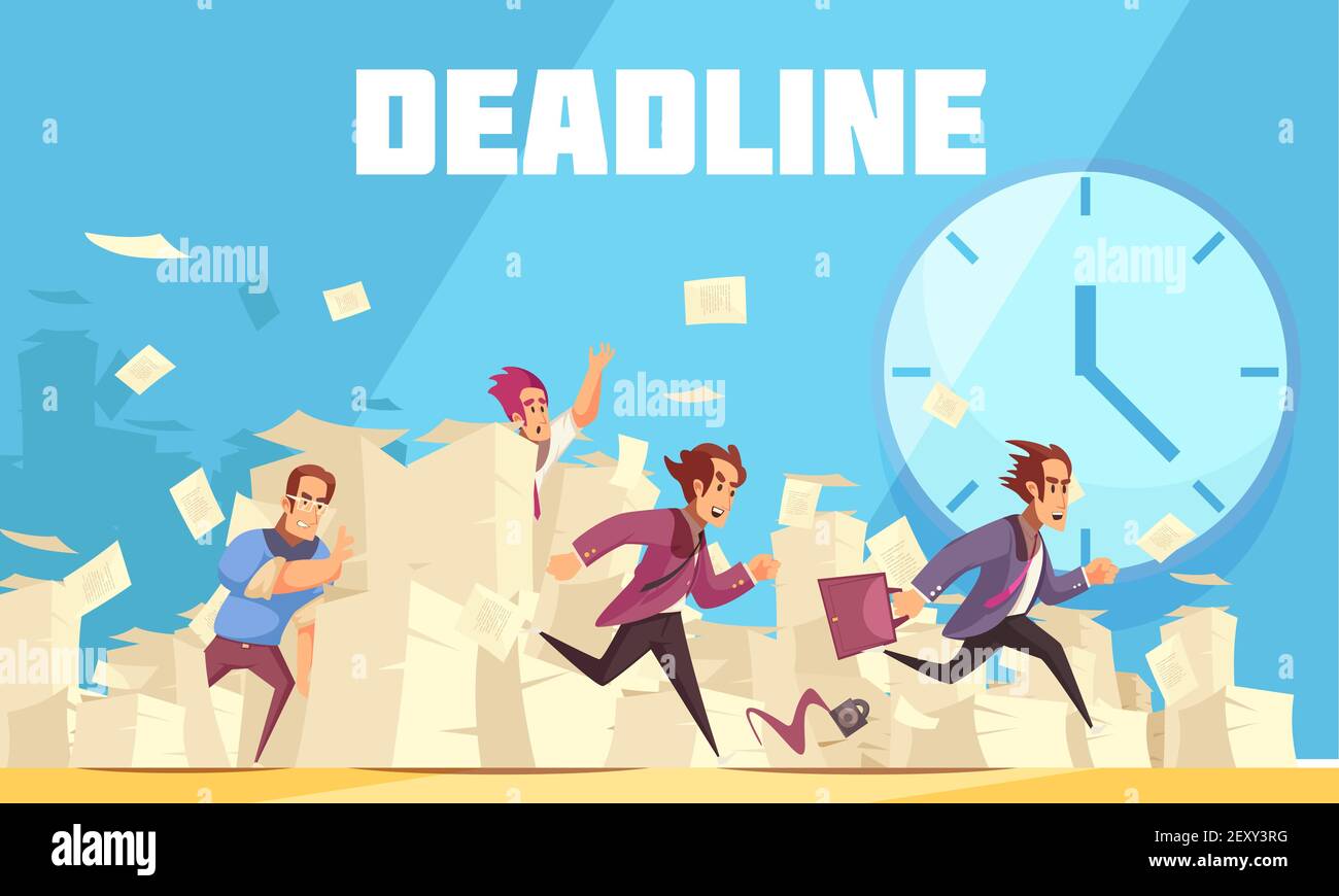 Deadline vector illustration with clock at urban landscape background ...