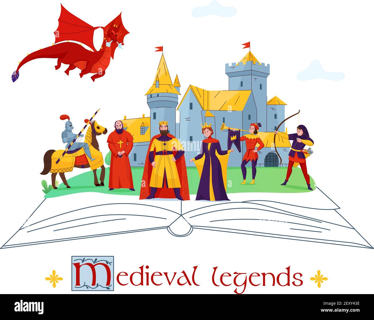 Medieval legends stories tales concept flat colorful composition with ...
