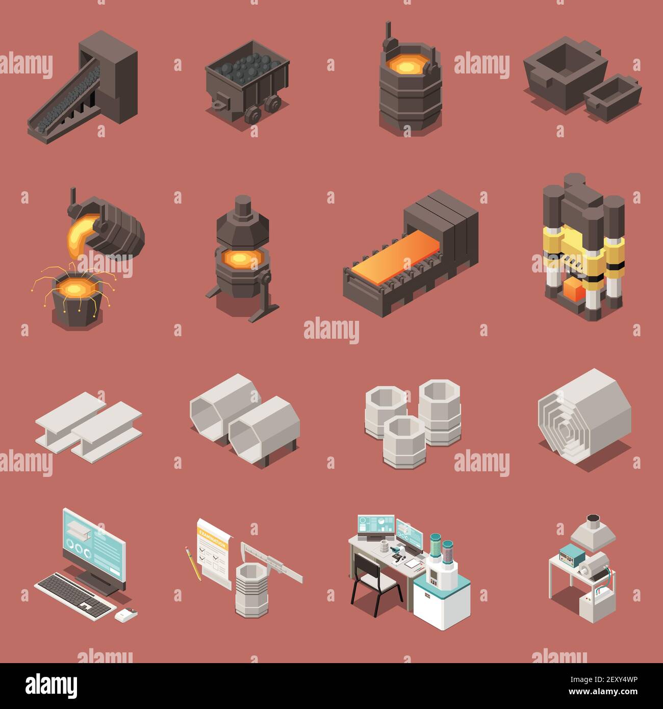 Isometric icons set with metal industry equipment 3d isolated vector ...