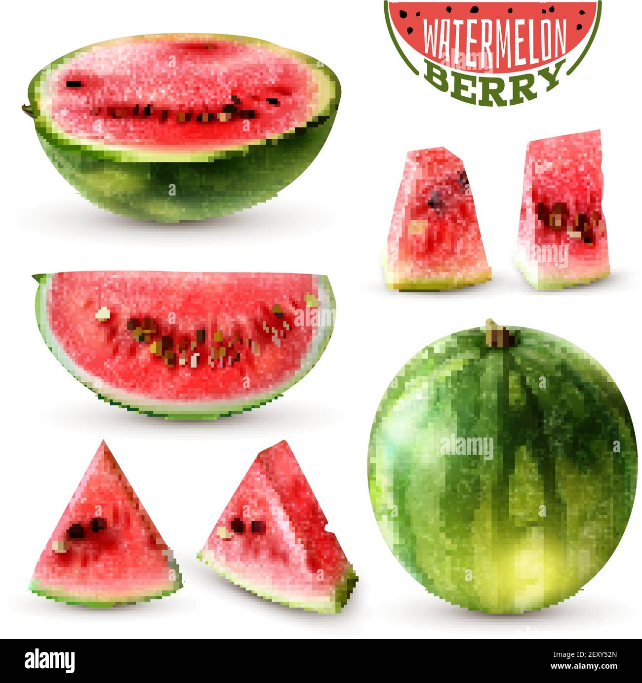 Realistic watermelon images set with whole berry half wedges slices and ...