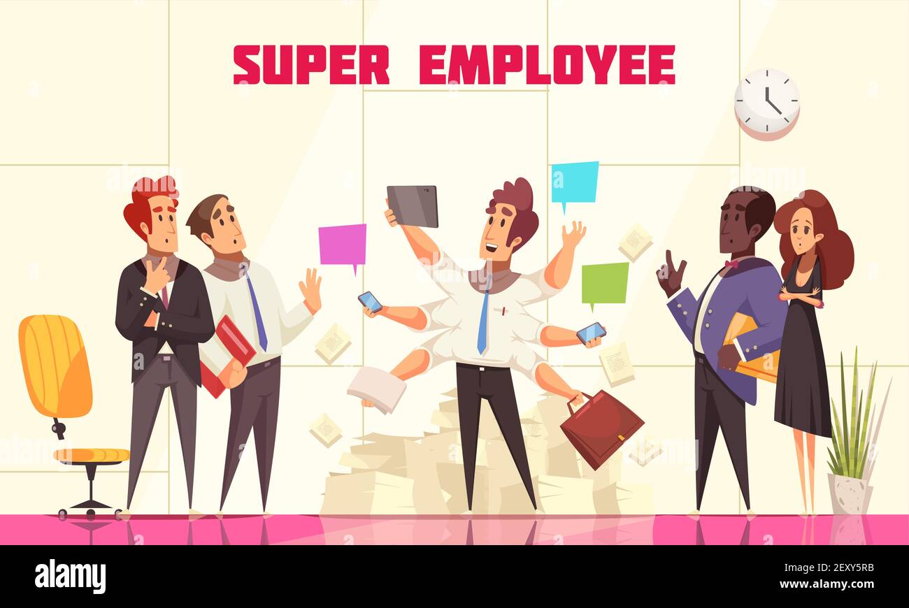 Super employee composition with people in office interior looking at ...