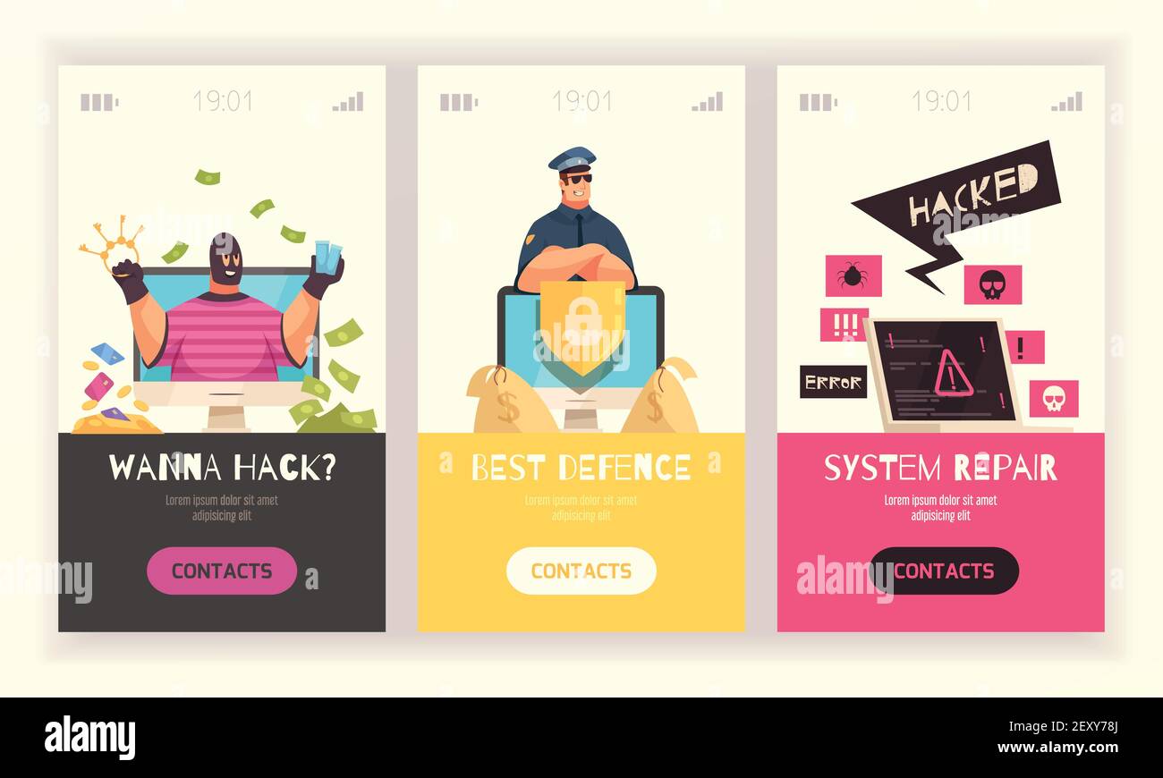 Three hacker vertical banner set with wanna hack best defense and ...