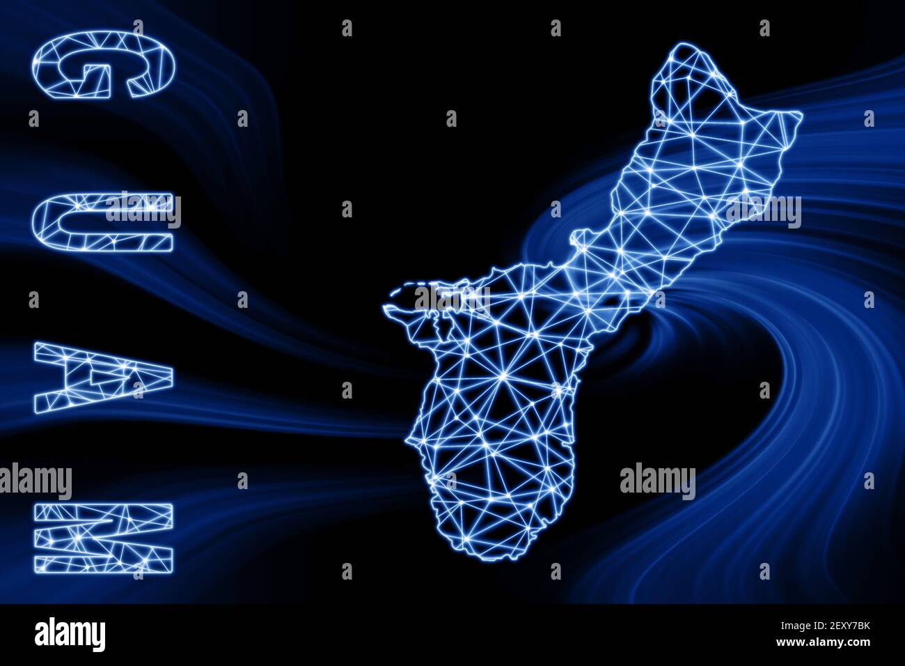 Map of Guam, Polygonal mesh line map, blue map on dark background Stock ...