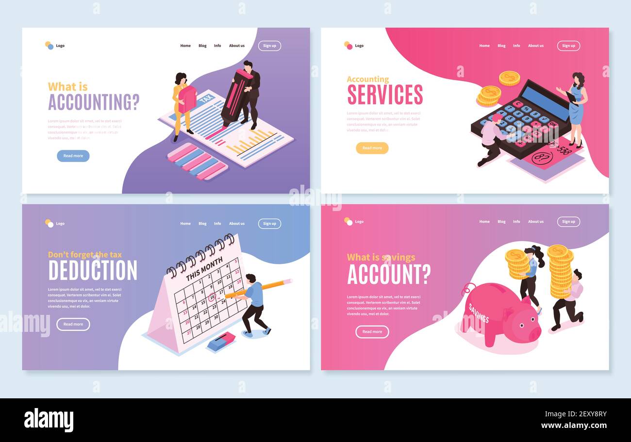Isometric accounting horizontal banners collection with four isolated ...
