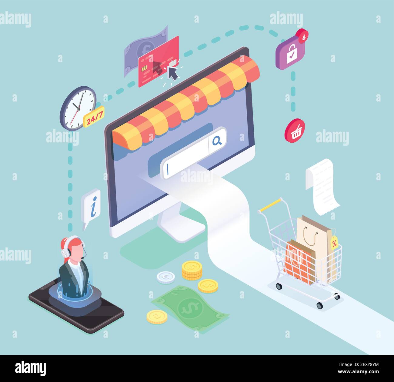 Shopping e-commerce isometric concept with pictogram icons images of ...