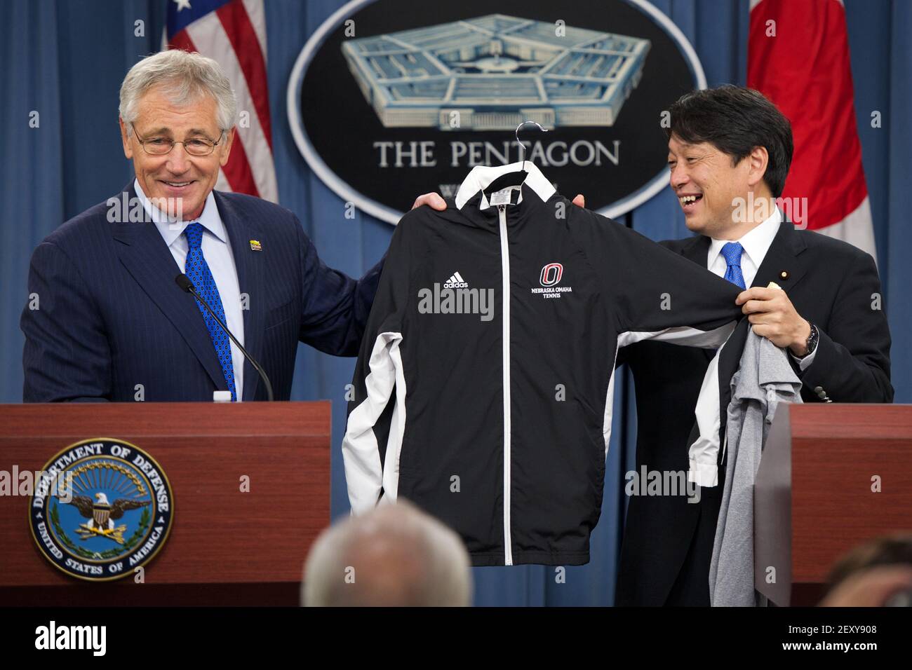 Secretary of Defense Chuck Hagel presents Japan's Minister of Defense ...
