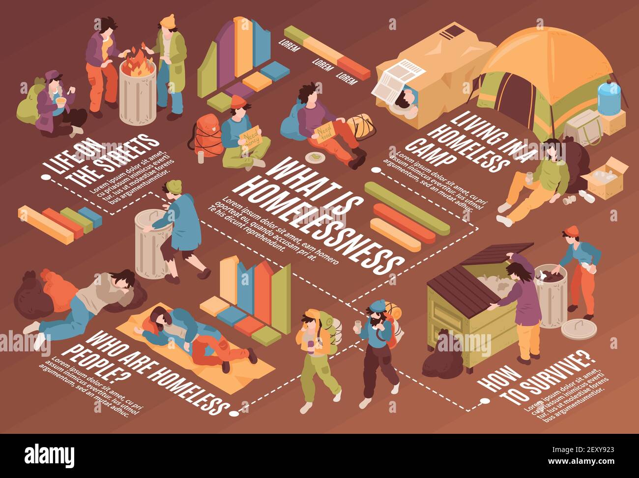 Isometric homeless people horizontal flowchart with faceless human ...