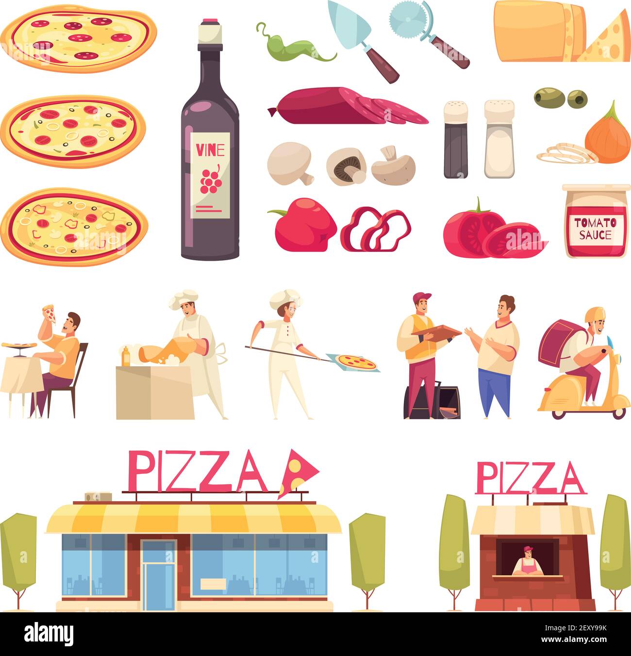 Pizza icon set with isolated product for pizza creation pizzeria and ...