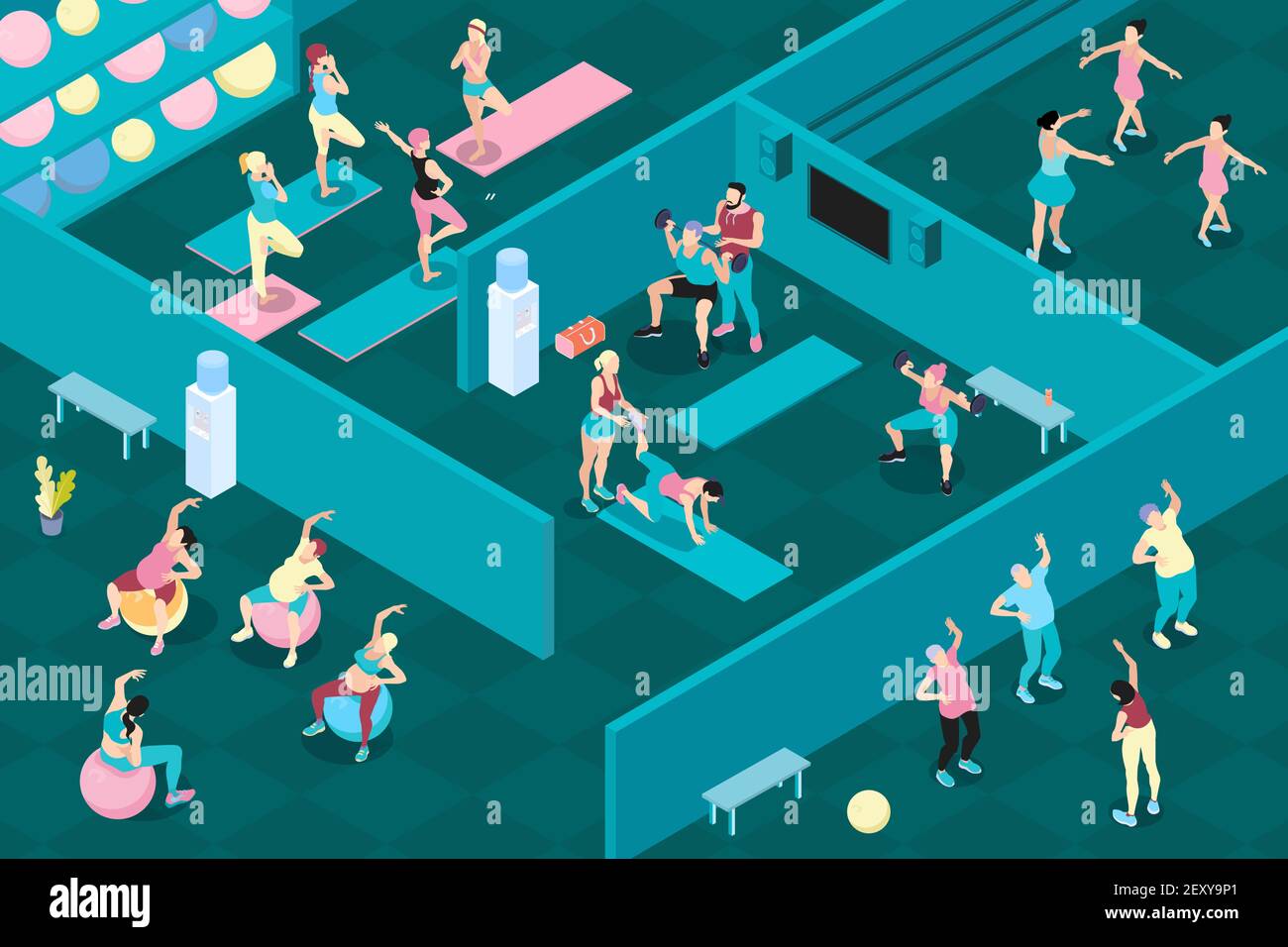 Men and women at different sports classes in gym 3d horizontal ...