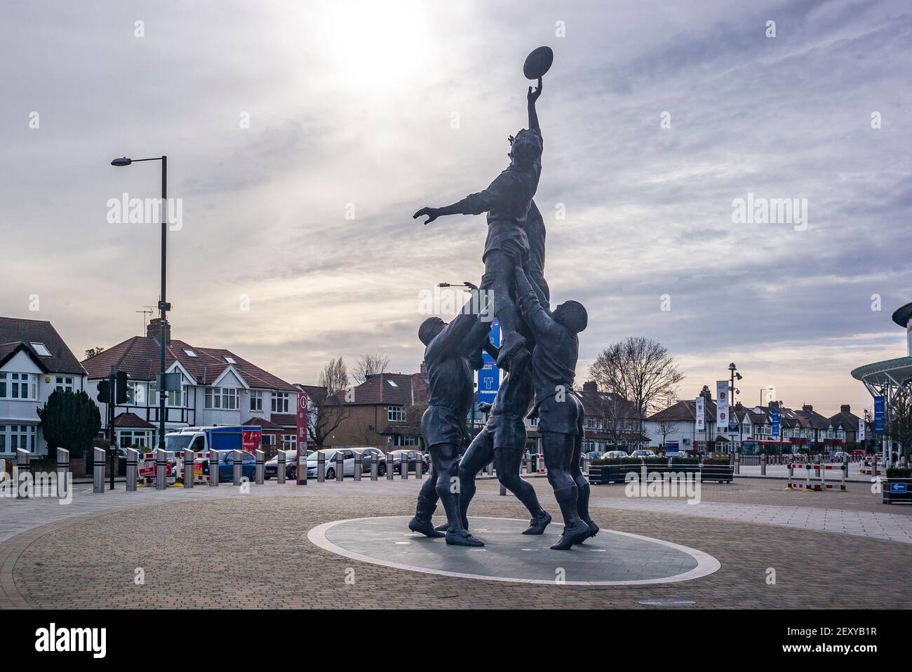 Twickenham, Surrey, UK., Saturday, 13/02/2021, Bronze Rugby Statue ...