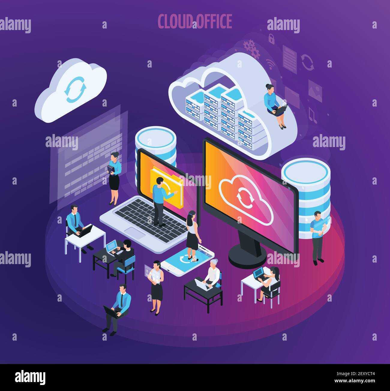 Cloud services isometric composition with small figures of people ...