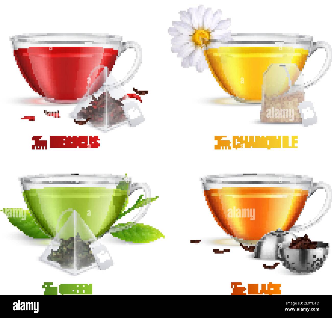 Four square realistic tea brewing bag icon set with hibiscus chamomile ...