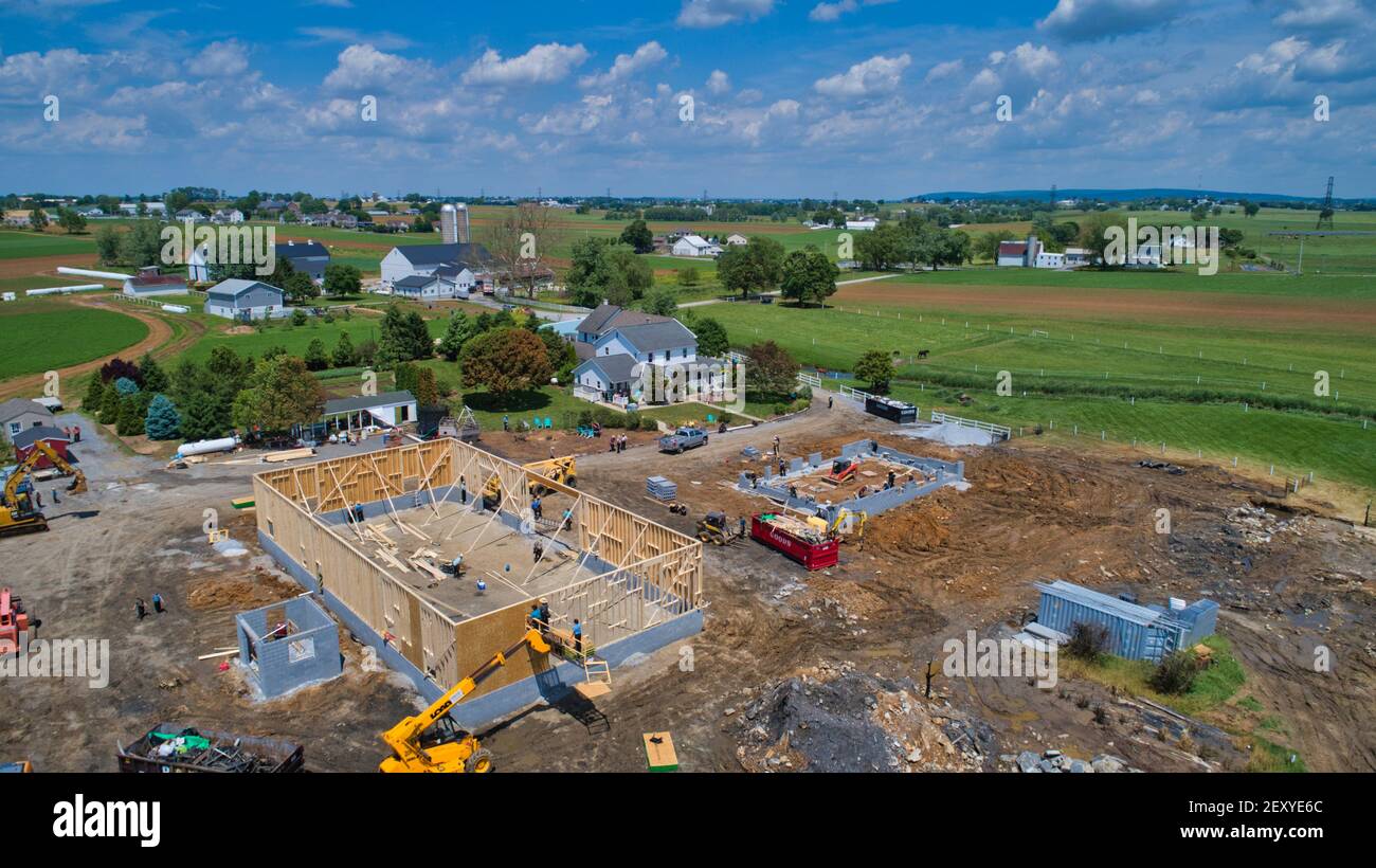 Aerial View of an Amish Barn Raising after a large fire destroyed them ...