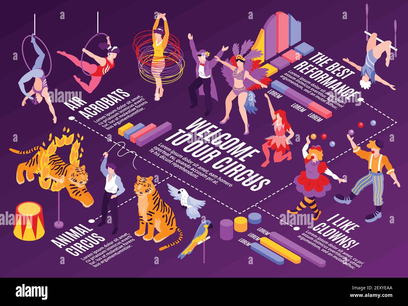 Isometric circus performers show horizontal composition with ...