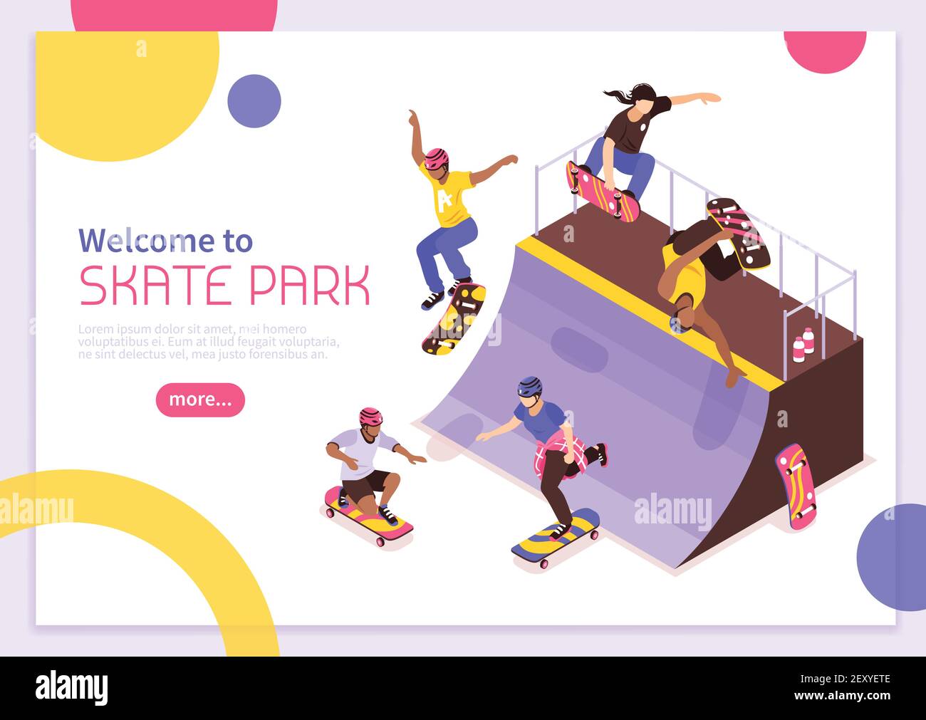Isometric skateboard concept banner composition with images of ...