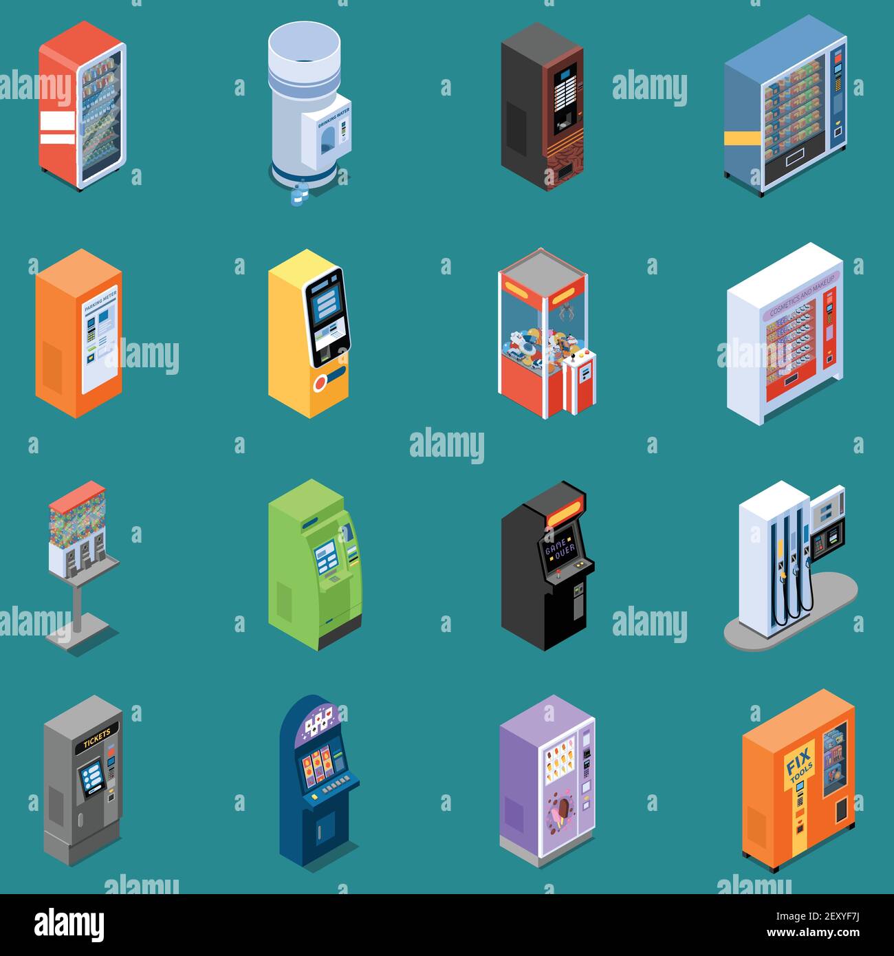 Set of isometric icons with various vending machines on turquoise background isolated vector ...