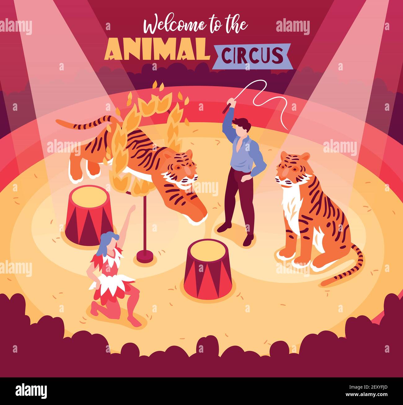 Isometric circus performers show composition with animals and artists ...
