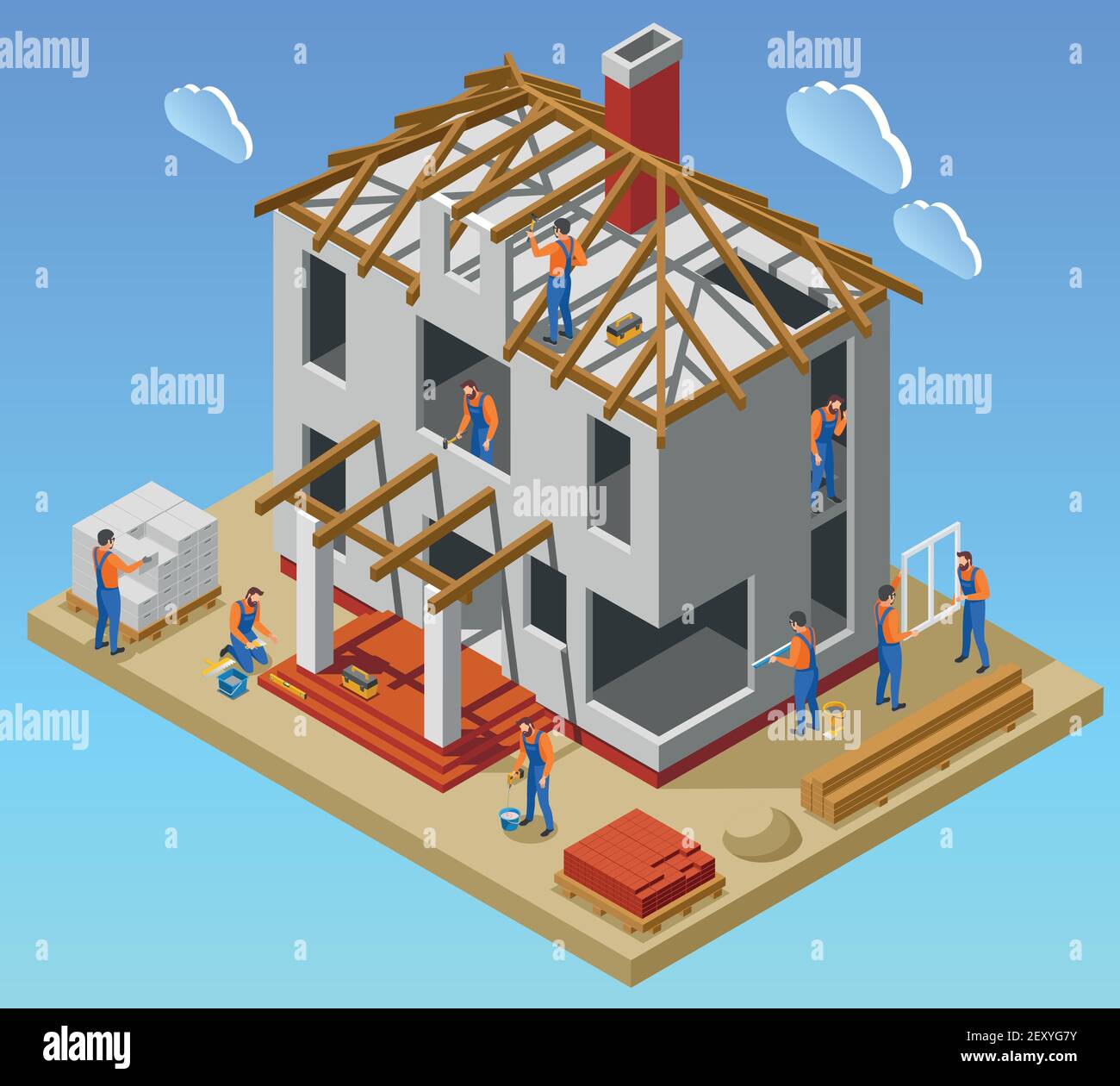 House construction phases isometric poster with team of workers working ...