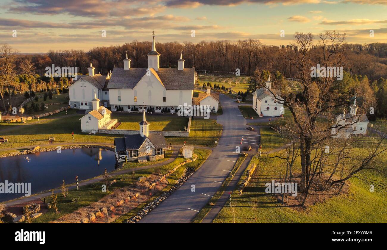 An Aerial View at Sunset of Antique Restored Barns Stock Photo - Alamy