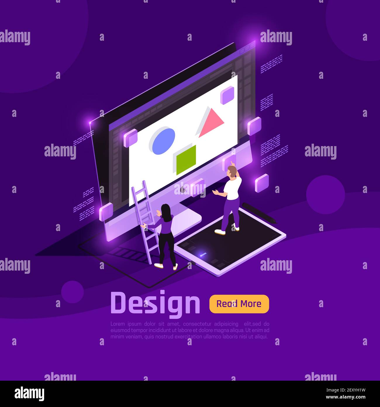 Isometric colored people and interfaces glow concept with design headline and theme vector ...