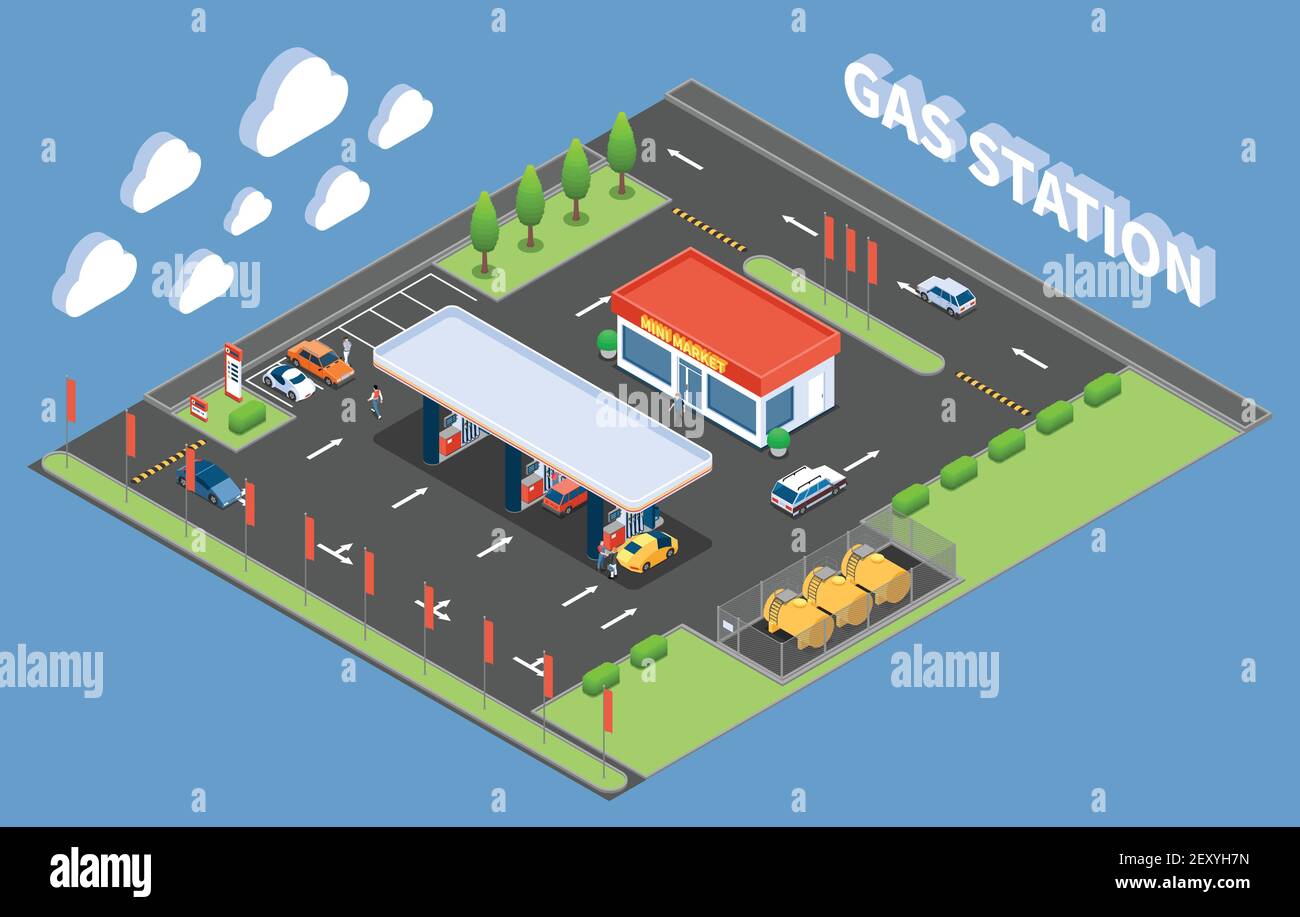 Clients at gas station with store isometric composition on blue ...