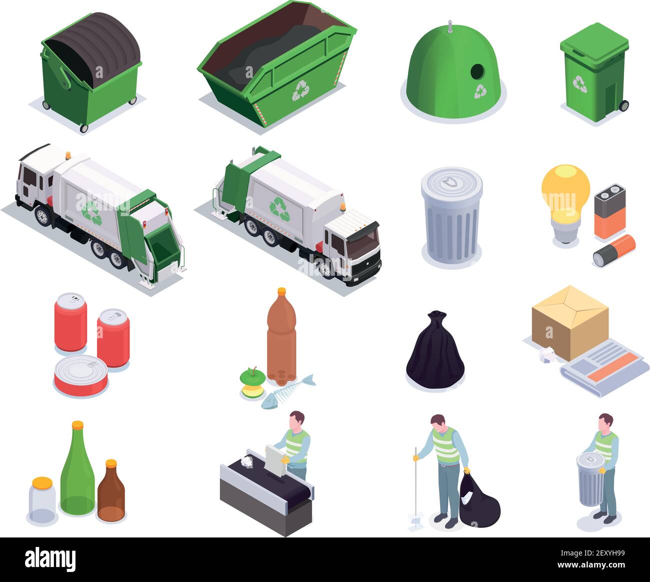 Set of sixteen garbage waste recycling isometric icons with human ...