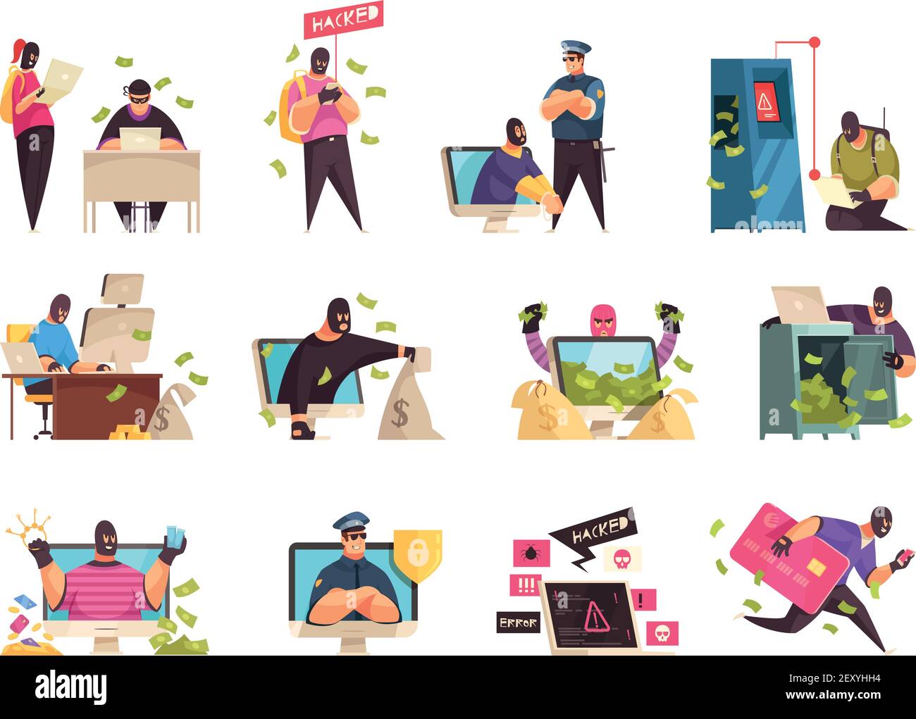 Hacker icon set man in mask on face steal information and money vector ...