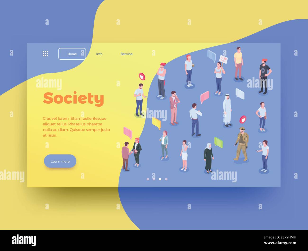 Society people isometric website page design background with human ...