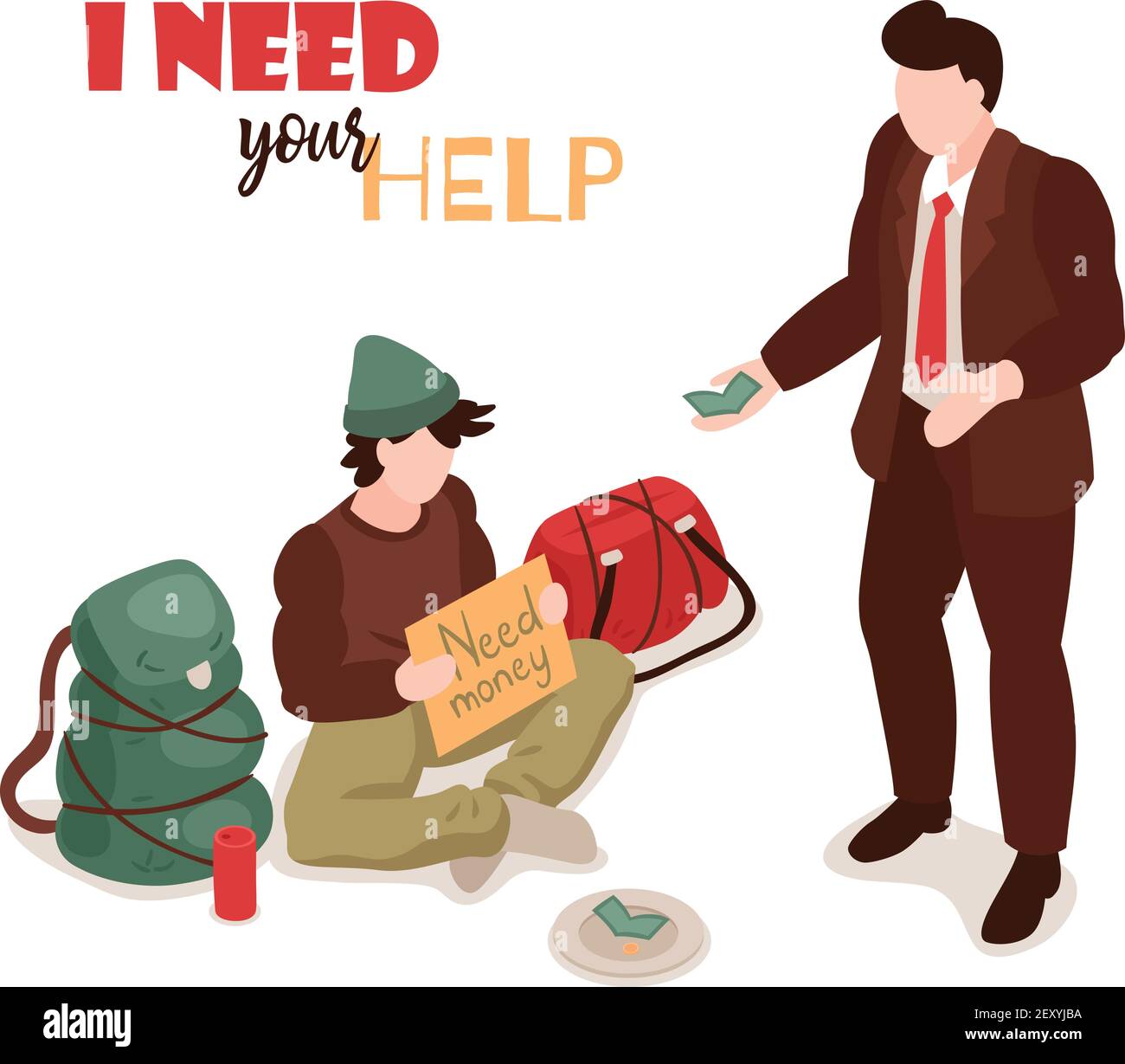 Isometric homeless people background composition with text and faceless ...