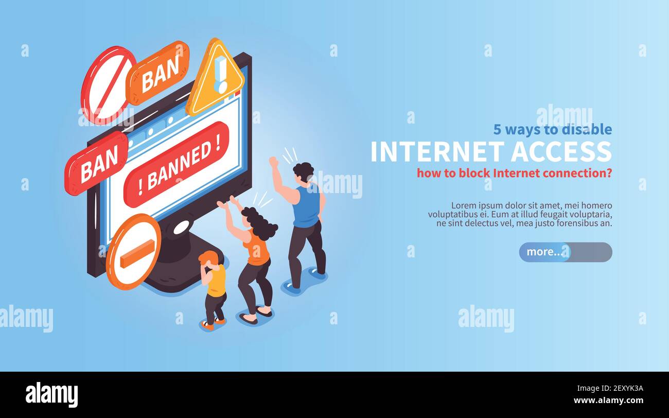 Isometric banned website horizontal banner composition with editable ...