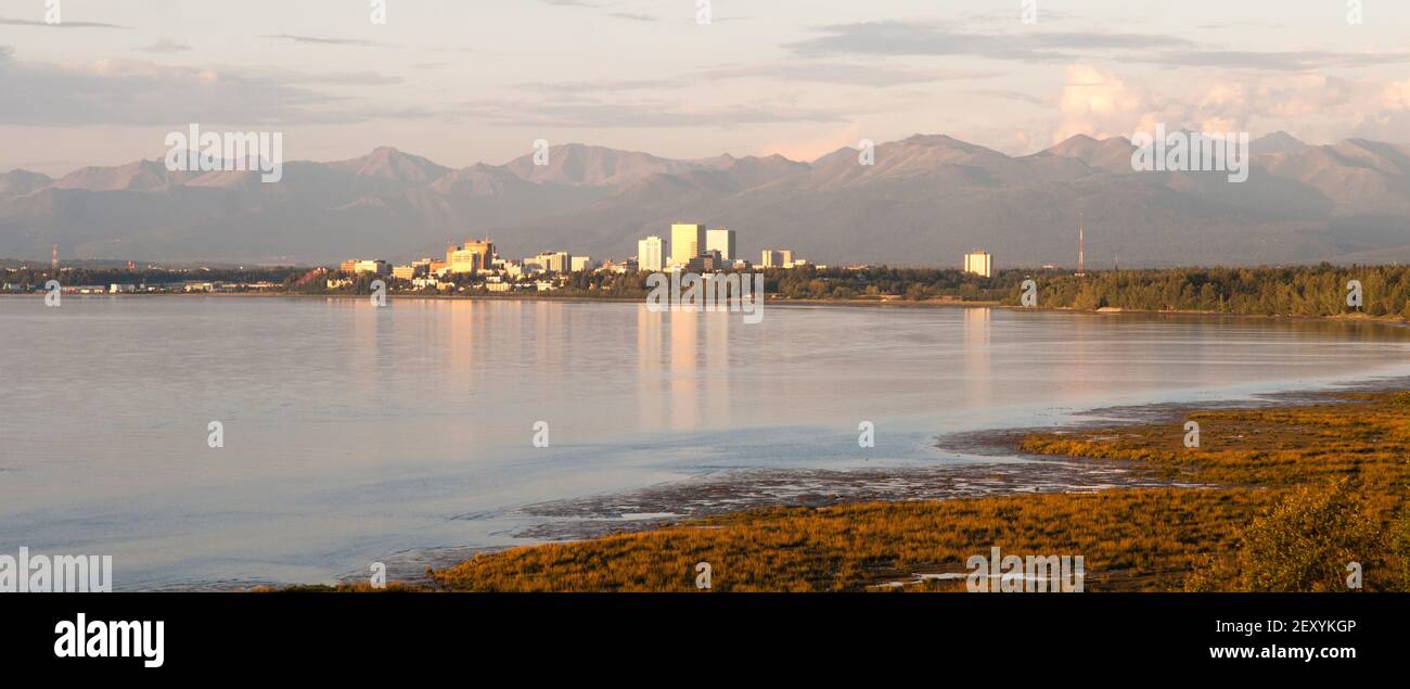 Sunset Downtown City Skyline Anchorage Alaska North America USA Stock ...