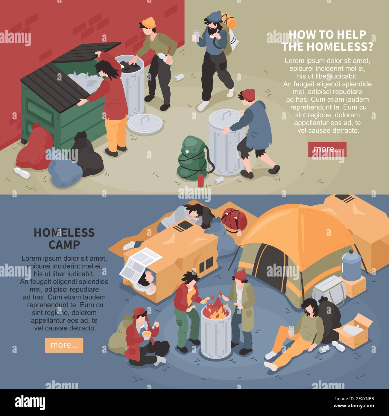 Set of two horizontal isometric homeless people banners with editable ...