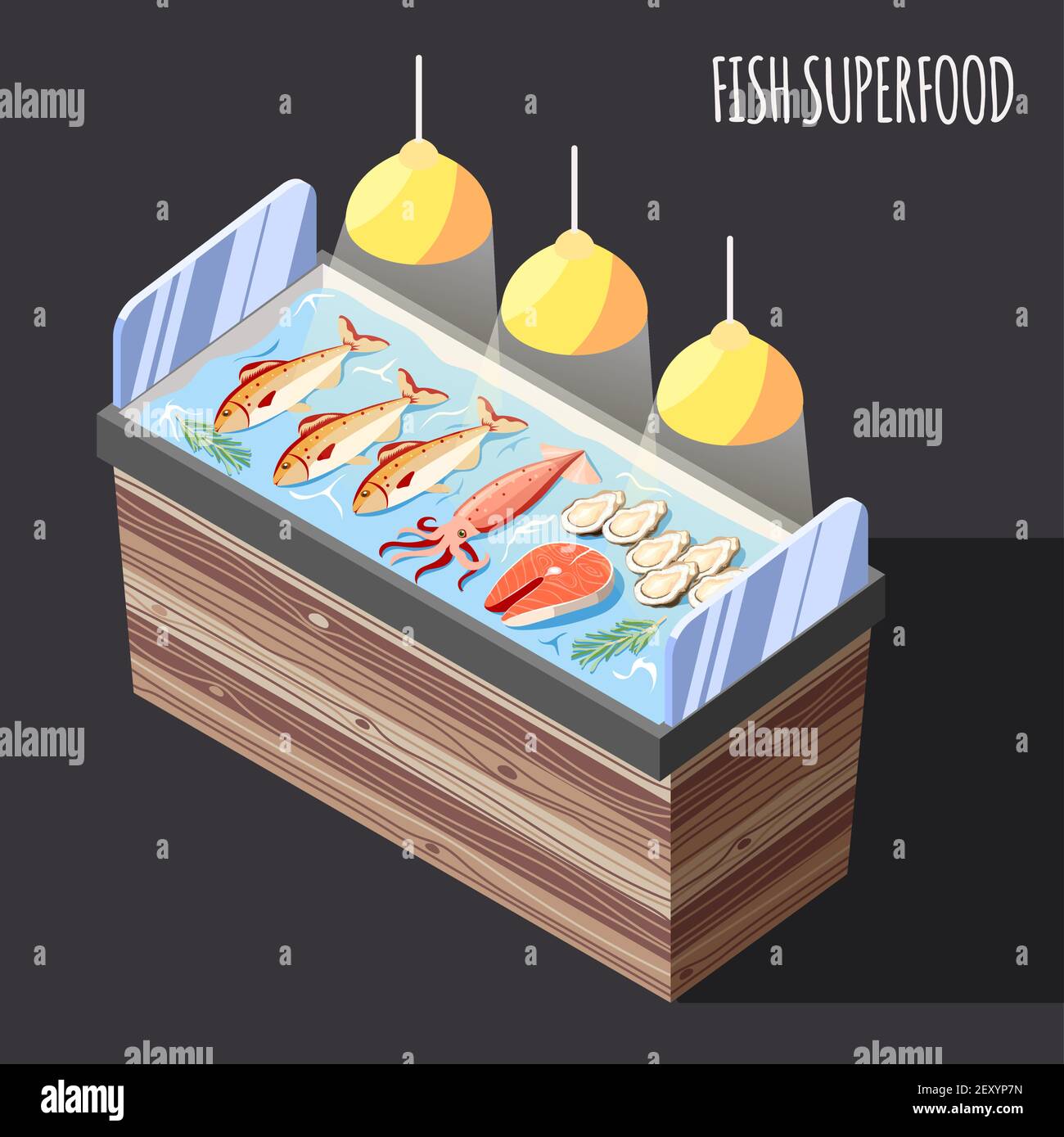 Fish superfood isometric background with fresh products on ice counter ...