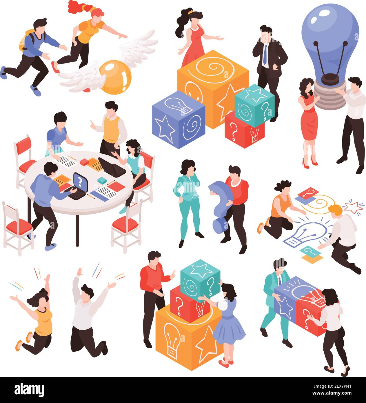 Set of isolated images with isometric teamwork brainstorming creative ...