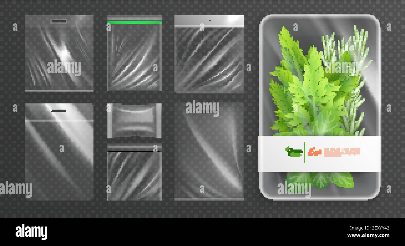 Polyethylene plastic wrapping packages isolated realistic icon set with green time description ...