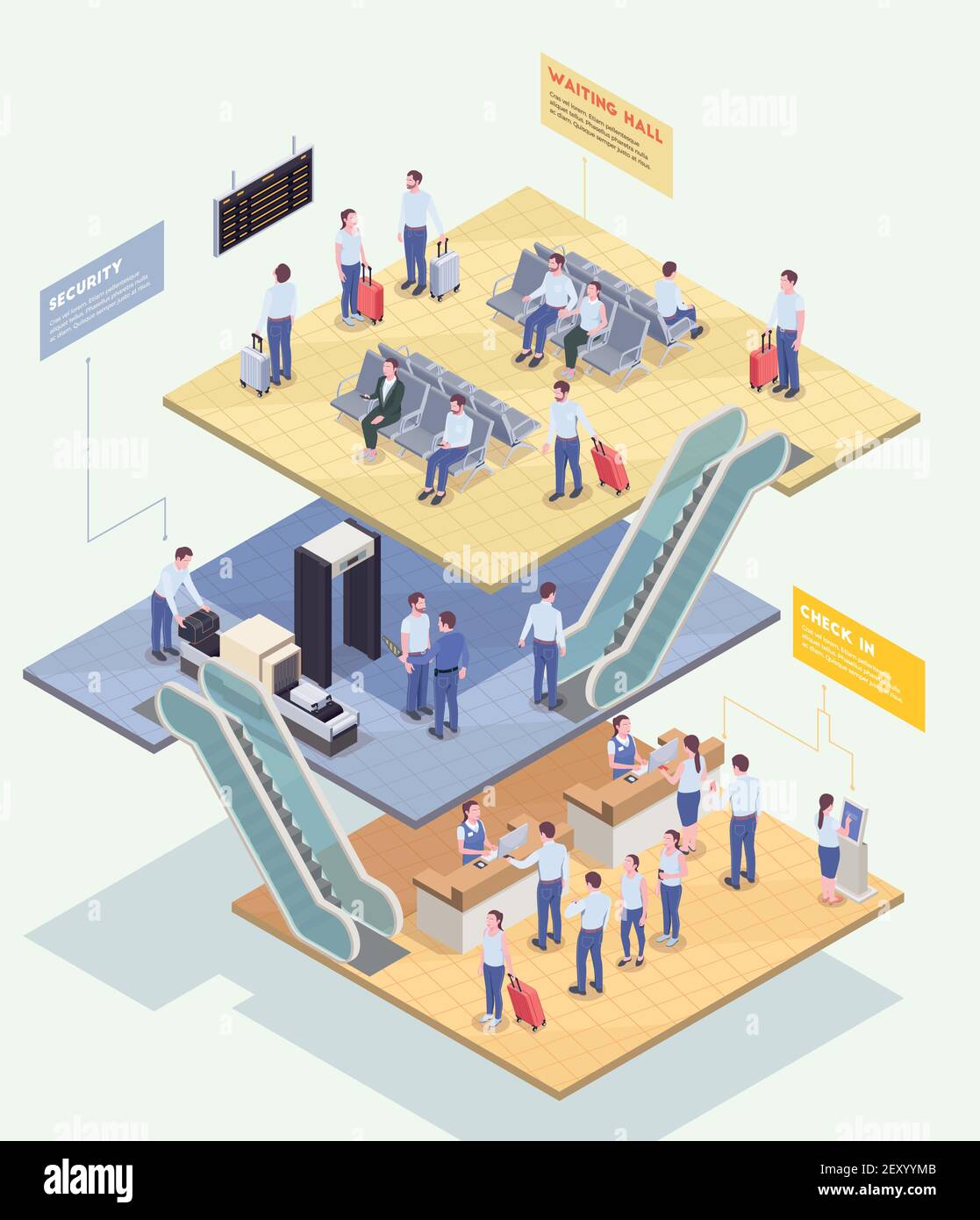 Airport isometric composition with view of different levels of airport ...